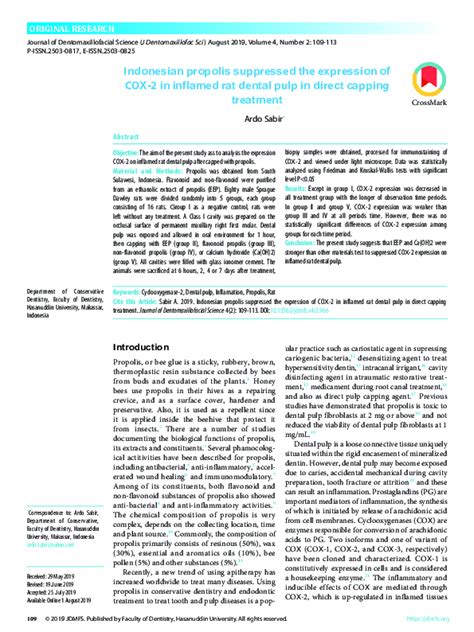Pdf Indonesian Propolis Suppressed The Expression Of Cox 2 In Inflamed Rat Dental Pulp In