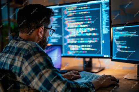 Focused Software Developer Working Late At Night Coding On Dual