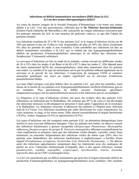 1 Infections Et Déficit Immunitaire Secondaire
