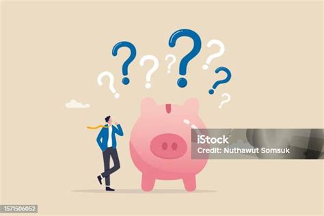 금융 문제 또는 저축 문제 의심 또는 혼란 은행 또는 경제적 불확실성 숙고 또는 돈 해결책 부의 개념 돼지 저금통과 물음표가 있는 혼란스러운 사업가 임금에 대한 스톡 벡터