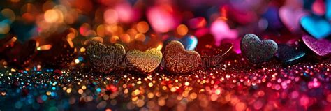 Glitter Background With Hearts Of Different Sizes And Bright Colors
