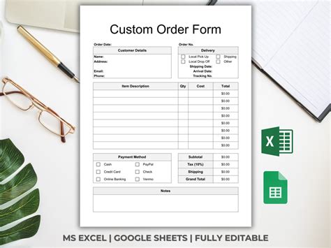 Custom Order Form Template MS Excel Google Sheets Editable Small Business Form Digital Sales