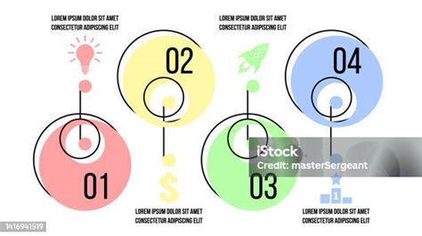 4 단계 비즈니스 프로세스 다이어그램 네 가지 옵션 벡터 인포 그래픽 템플릿 전략 또는 마케팅 계획 흐름도 다채로운 아이콘이있는 프리젠 테이션 레이아웃 0명에 대한 스톡