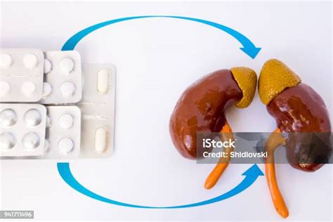 호르몬 대체 요법 호르몬 억제 또는 아드레날린 또는 신장 질병의 약물 치료 화살표가 물집에 마약 가깝습니다 Adrenals와 신장의 그림 건강관리와 의술에 대한 스톡 사진
