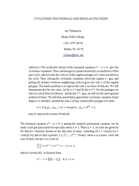 cyclotomic polynomials and regular polygons jay villanueva pdf