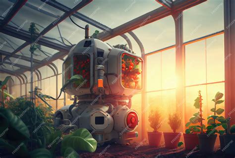 연구소에서 농산물을 수확하는 로봇 농업 혁신적인 미래 기술과 5g 스마트 농업 개념 Generative Ai 프리미엄 사진