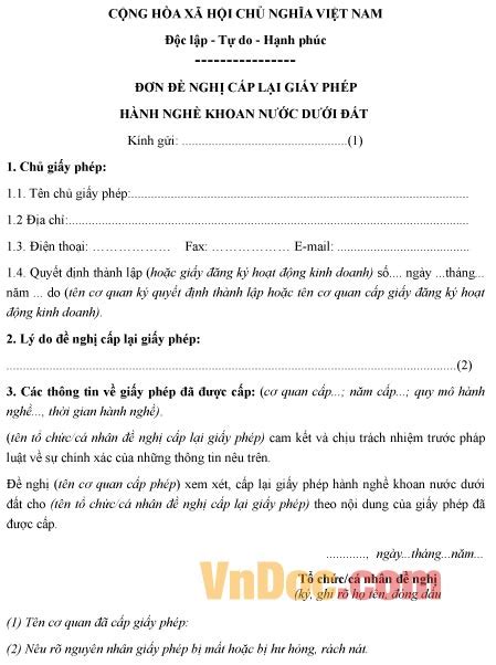 Mẫu đơn đề nghị cấp lại giấy phép hành nghề khoan nước dưới đất