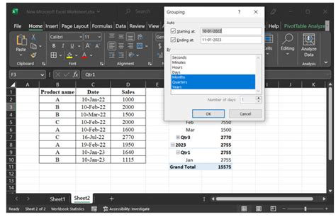 Excel 如何在数据透视表中按月年半年或其他特定日期进行分组 极客笔记