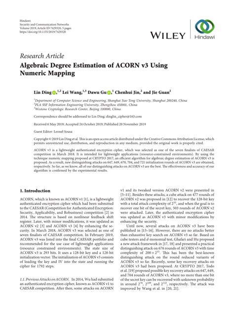 pdf algebraic degree estimation of acorn v3 using numeric mapping