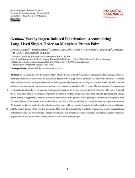 Pdf Geminal Parahydrogen Induced Polarization Accumulating Long