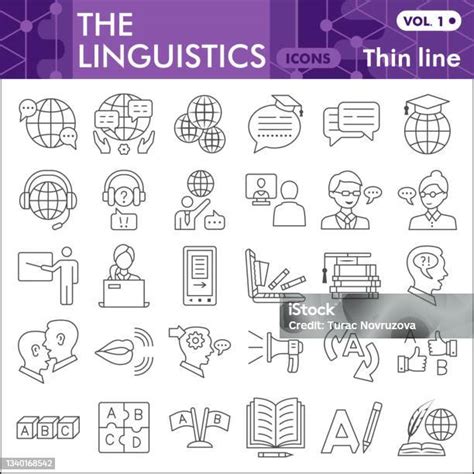 언어적 라인 아이콘 세트 교육 기호 컬렉션 또는 스케치 웹 및 앱에 대한 외국어 씬 선 선형 스타일 표지판 흰색 배경에서 격리된 벡터 그래픽입니다 아이콘 세트에 대한 스톡