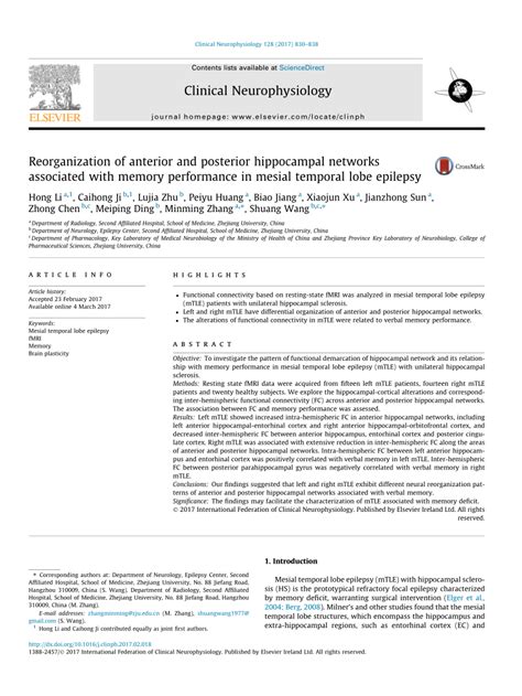 Pdf Reorganization Of Anterior And Posterior Hippocampal Networks Associated With Memory