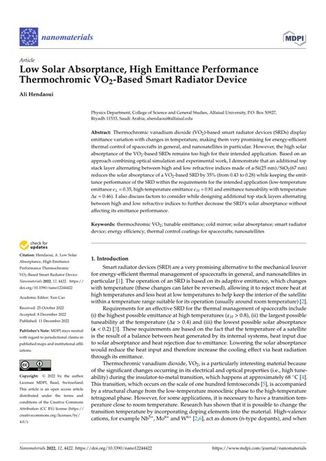 Pdf Low Solar Absorptance High Emittance Performance Thermochromic Vo2 Based Smart Radiator