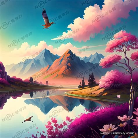 Ai创作图山清水秀 鸟语花香 彩色天空。 昵图网