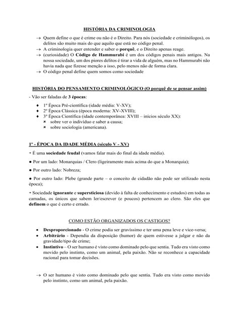 História Da Criminologia Anotações De Aula