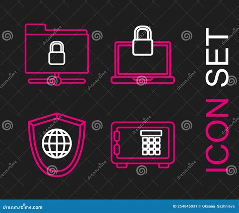 Set Line Safe Shield With World Globe Laptop And Lock And Ftp Folder Icon Vector Stock Vector