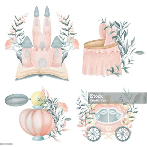 공주 이야기의 수채화 동화 요소 세트 흰색 배경에 격리된 그림 베이비 샤워 소녀 클립아트 생일 클립아트 성 건축물에 대한 스톡 벡터 아트 및 기타 이미지 Istock