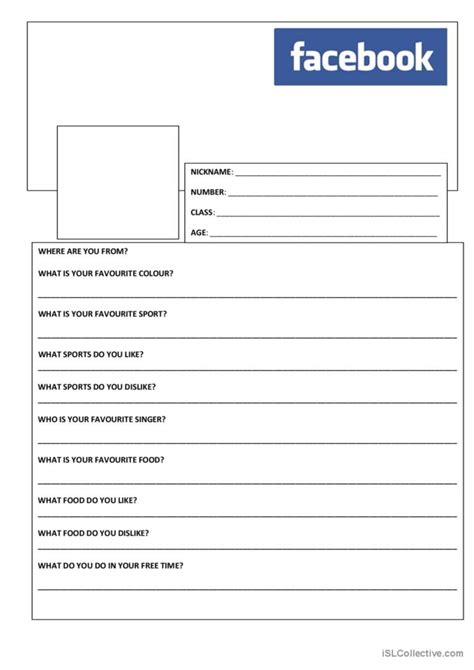 Blank Facebook Profile Template Worksheet