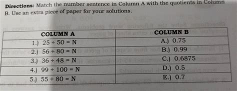 Solved Directions Match The Number Sentence In Column A With The Quotients In Column B Use An