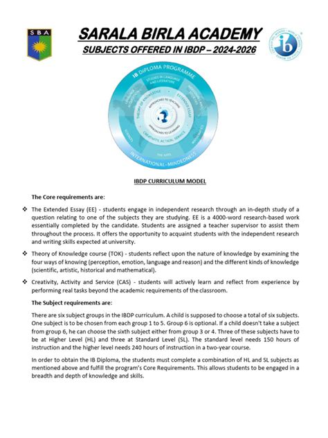 Ibdp Curriculum And Subject Choices At Sba 2024 2026 Pdf Science