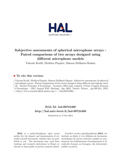 Pdf Subjective Assessments Of Spherical Microphone Arrays Paired