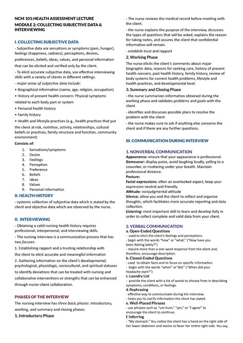 Module 2 Collecting Subjective Data And Interview Ncm 101 Ha Lec Ncm 101health Assessment