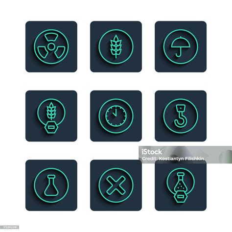 세트 라인 시험관 및 플라스크 X 마크 원형의 십자가 우산 시계 글루텐 프리 곡물 방사성 및 산업용 후크 아이콘이있는 배달