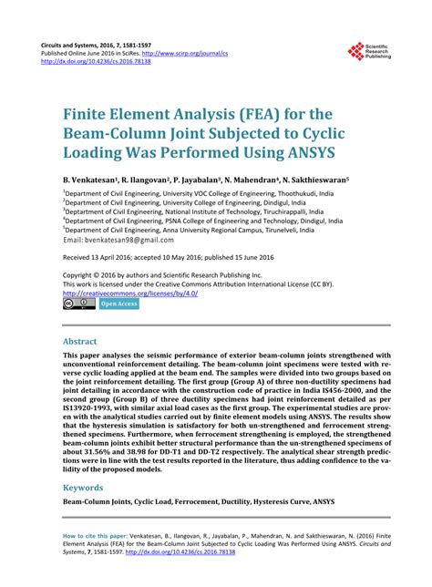 pdf finite element analysis fea for the beam column joint subjected