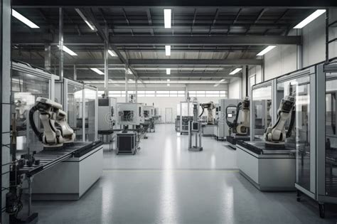Factory Floor With Cobots Working On Assembly Line And Humans In The Background Stock
