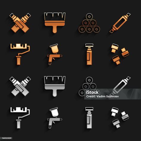 페인트 스프레이 건 마커 펜 부착물 롤러 브러시 캔 및 아이콘을 설정합니다 벡터 검은색에 대한 스톡 벡터 아트 및 기타 이미지 검은색 교육 굴리기 Istock