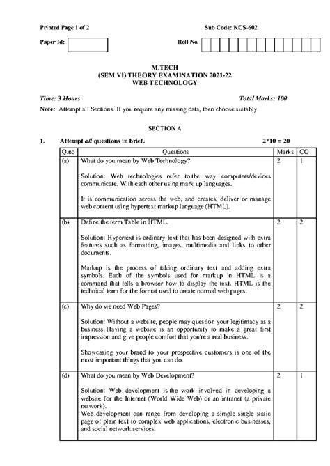 wt cs602 2021 aktu qpaper sol printed page 1 of 2 sub code kcs 602