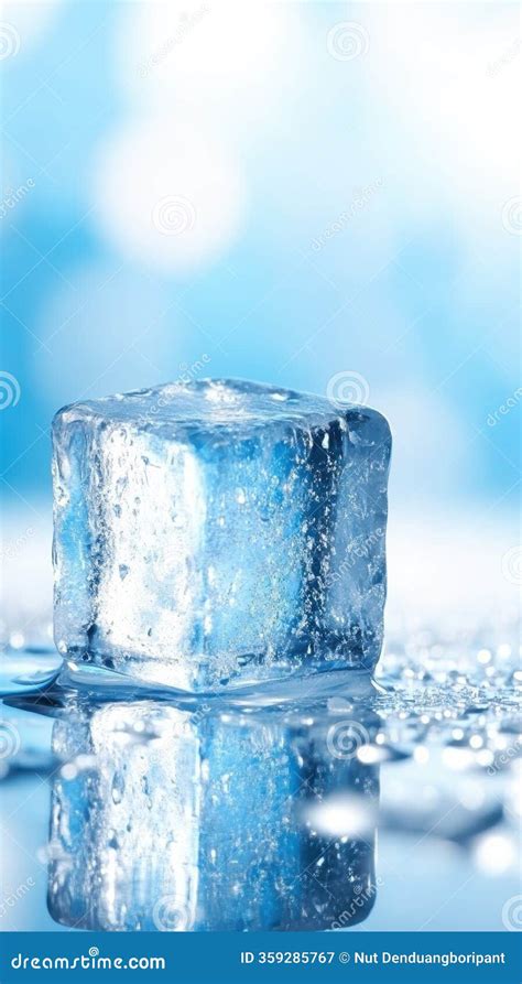 Single Ice Cube With Melting Water Drops On Reflective Surface Stock Illustration Illustration