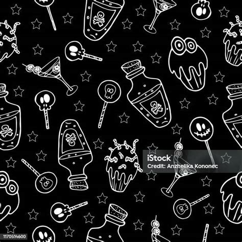 검은 배경 패턴에 흰색 윤곽에 할로윈 주전자 과자 및 물약 10월에 대한 스톡 벡터 아트 및 기타 이미지 10월 가을 검은색 Istock