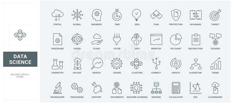 Data Science Thin Black And Red Line Icons Set Machine Learning Digital Algorithm Stock Vector