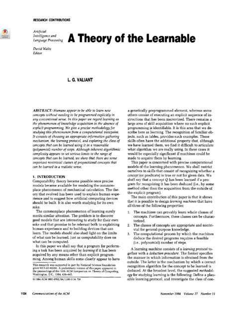 A Theory Of The Learnable Pdf Function Mathematics Boolean Algebra