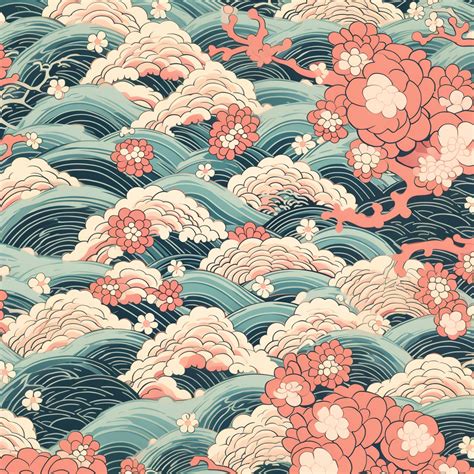 Traditional Japanese Pattern Wave And Flowers Japanese Patterns