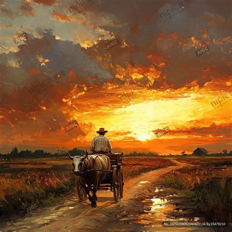Ai创作图插画夕阳下 夕阳下的独行者 晚归的农民 唯美黄昏画 厚涂景色 黄昏时的油画乡村 荒野黄昏插画 夕阳下的归途 孤独背影插画 赶牛车在路上的人 黄昏场景插画 车夫与牛车 美式乡村油画