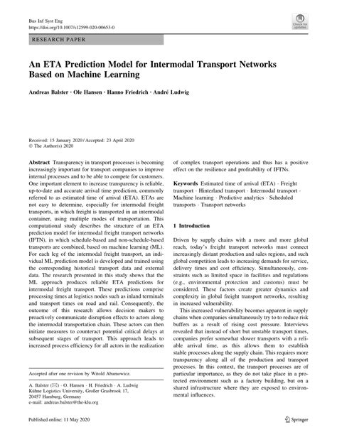 Pdf An Eta Prediction Model For Intermodal Transport Networks Based On Machine Learning