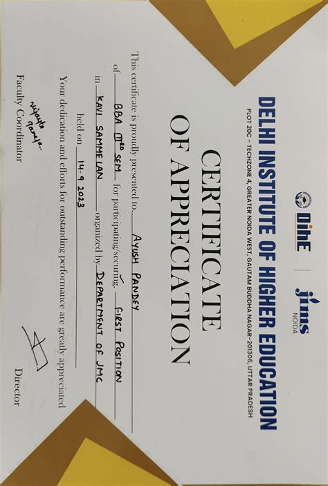 Ayush Pandey On Linkedin Certificate Received From Jims Noida Extension Jims Noida For 1st