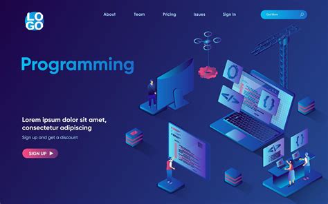 Programming concept 3d isometric web landing page. People develop software and programs, create ...