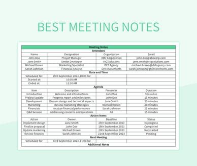 Free Meeting Notes Templates For Google Sheets And Microsoft Excel Slidesdocs
