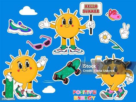 얼굴이 있는 태양 다양한 각도의 만화 스타일의 태양 캐릭터 세트와 스케이트보드 나비 꽃 운동화 등 개별 아이템 스티커 포스터 인쇄 디자인 템플릿 손으로 그린 벡터 일러스트