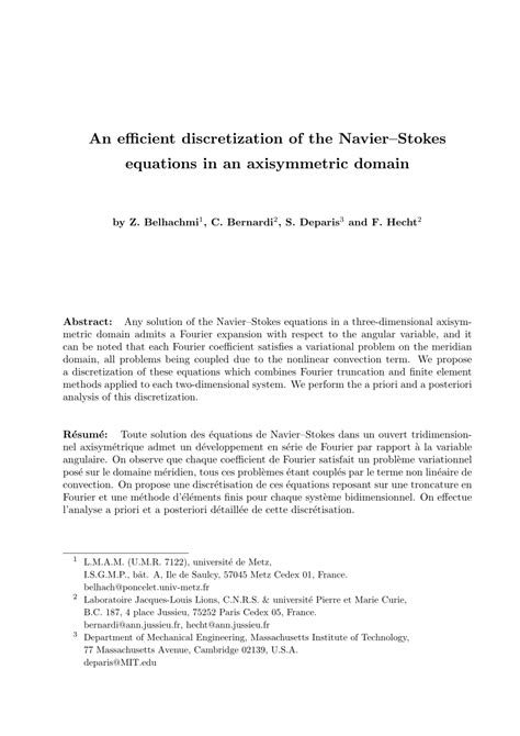 [pdf] An Efficient Discretization Of The Navier Stokes Equations In An Axisymmetric Domain Part