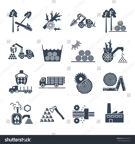 Set Black Icons Logging Forestry Production Stock Vector 587614217