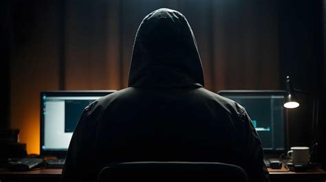 Premium Ai Image Hacker Using Laptop In Dark Office At Night Man In