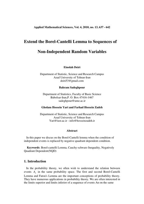 PDF Extend The Borel Cantelli Lemma To Sequences Of Non Independent Random Variables