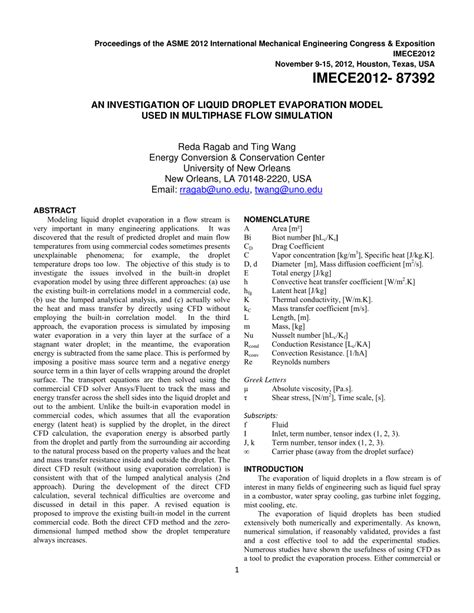 Pdf An Investigation Of Liquid Droplet Evaporation Model Used In