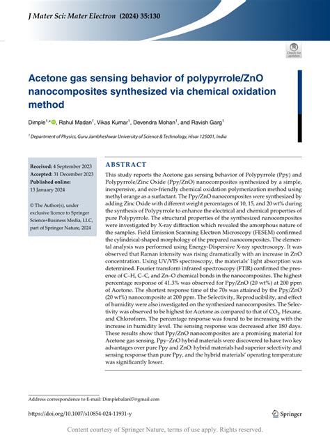 Acetone Gas Sensing Behavior Of Polypyrrole Zno Nanocomposites