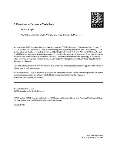 A Completeness Theorem In Modal Logic Paper Download Pdf