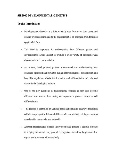 Development Genetics Notes Sil3006 Developmental Genetics Um Thinkswap